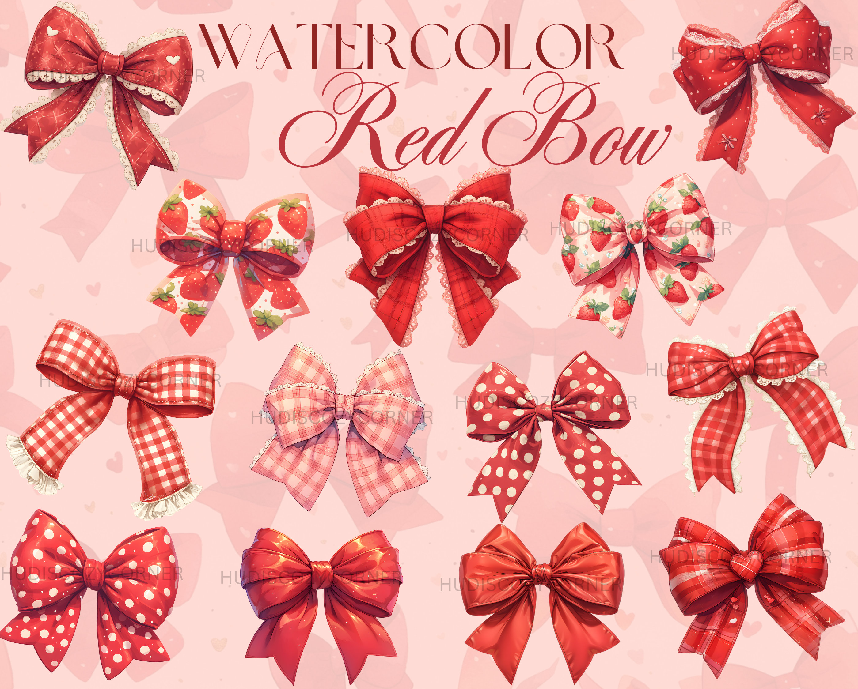 30 Cute Red Gingham Bow Clipart Bundle, Watercolor Red Coquette Bows ...