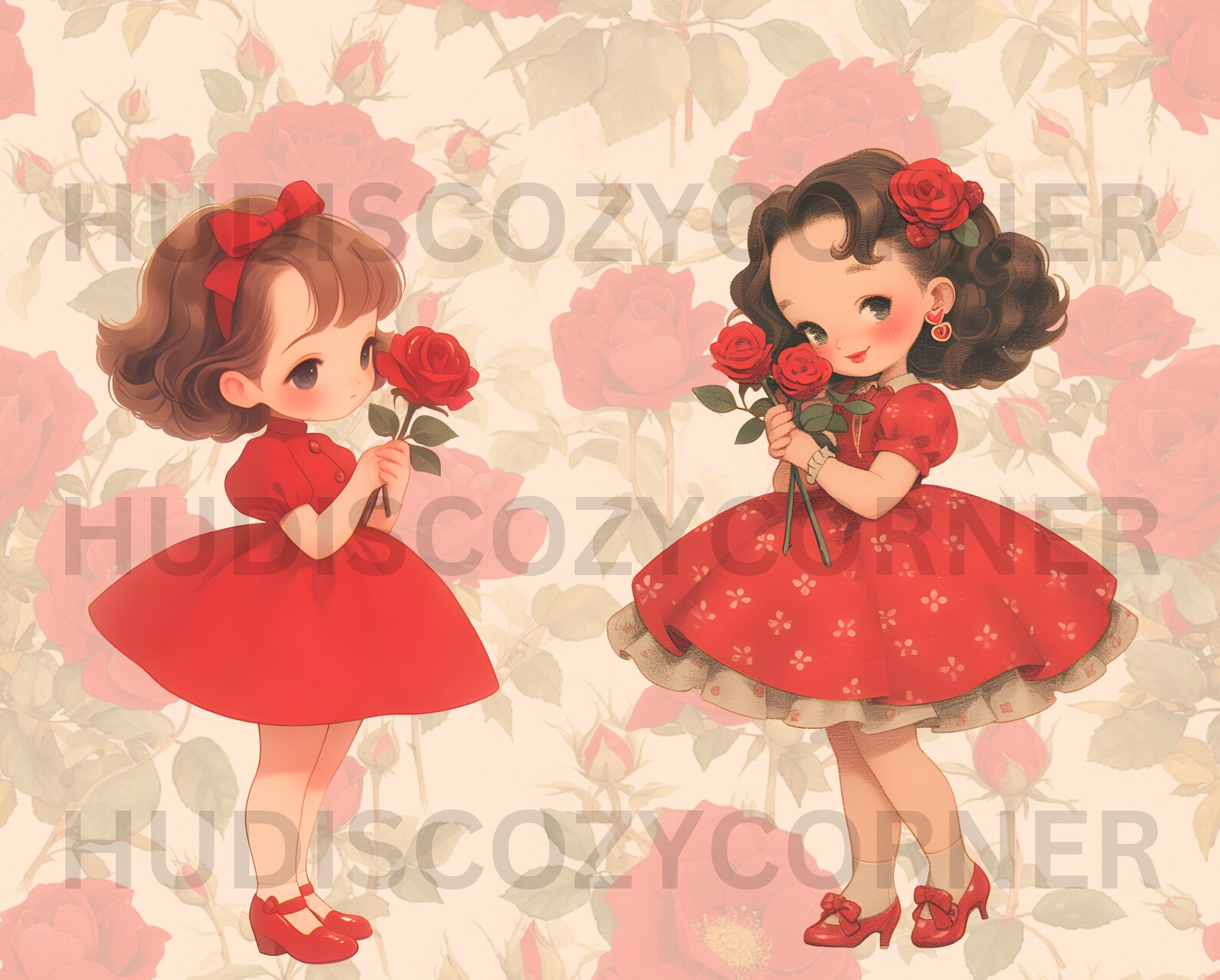 10 Vintage Girl in Red Clipart Bundle, Watercolor Spring Retro Girl in ...