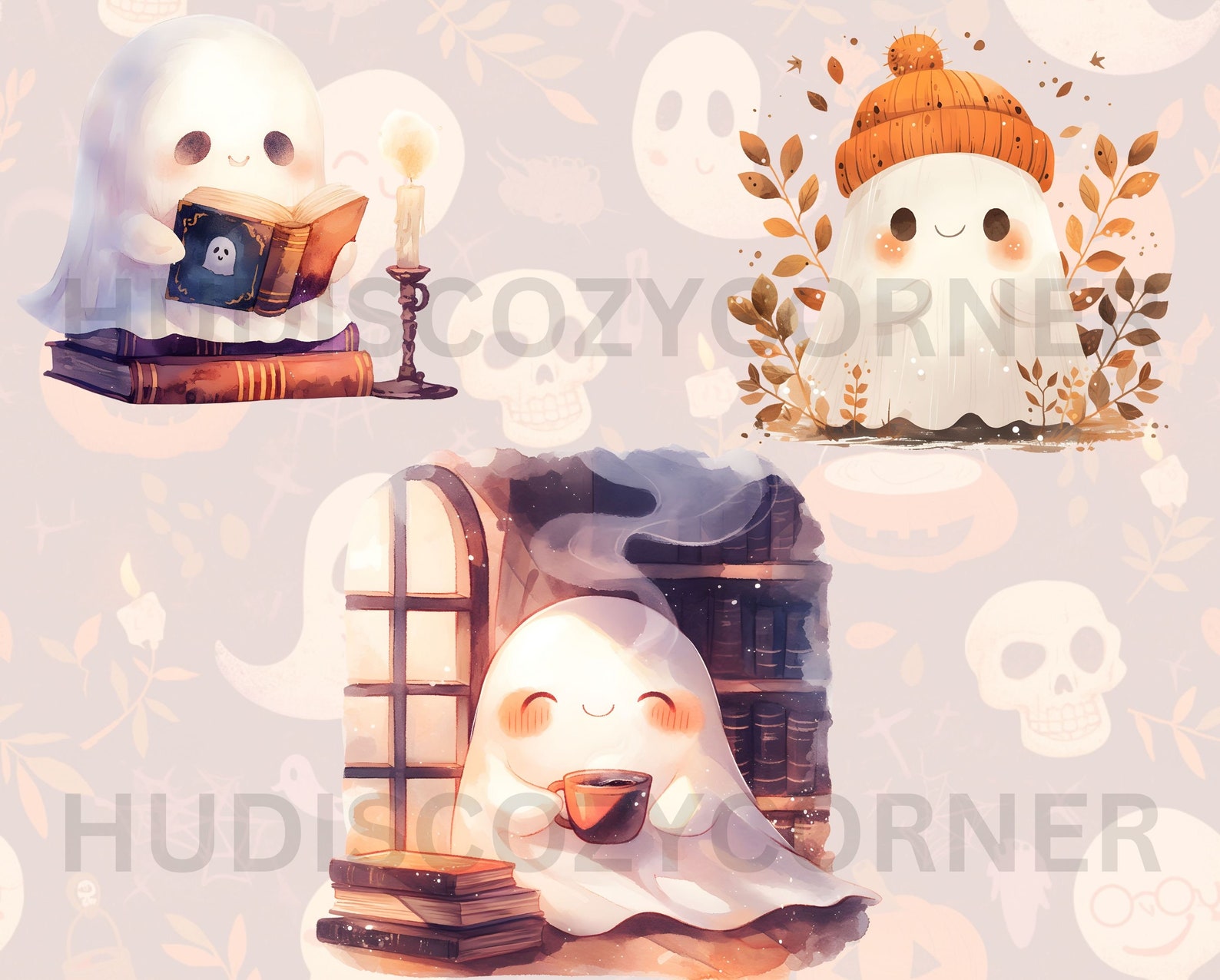 18 Cute Halloween Ghost Clipart Bundle, Watercolor Orange and Purple ...