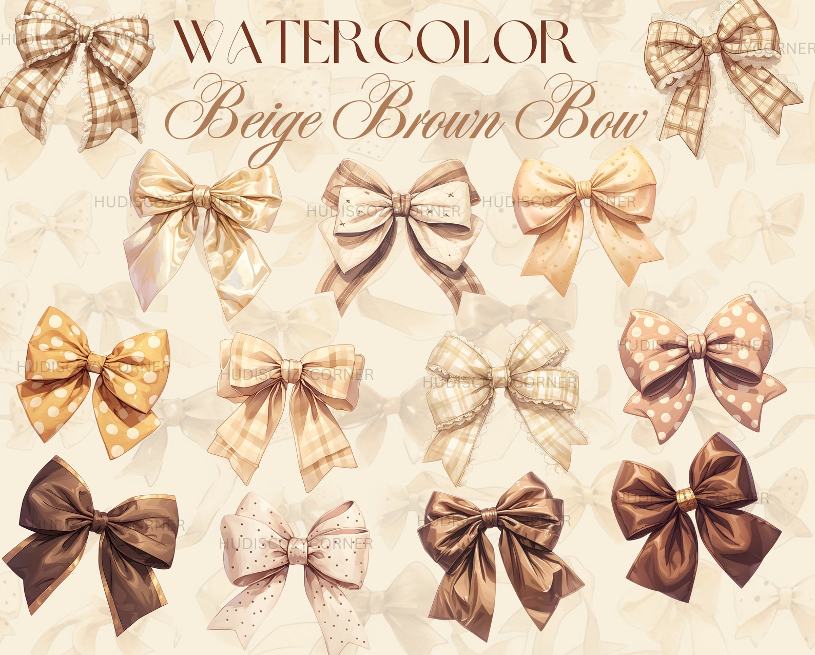 42 Cute Beige Brown Gingham Bow Clipart Bundle, Watercolor Silk Bows ...