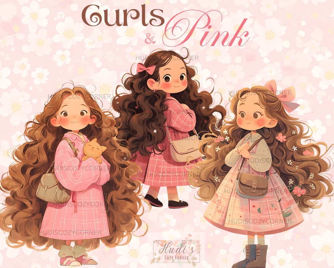 10 Cute Girl in Pink With Curls Clipart Bundle, Watercolor Little Girls ...