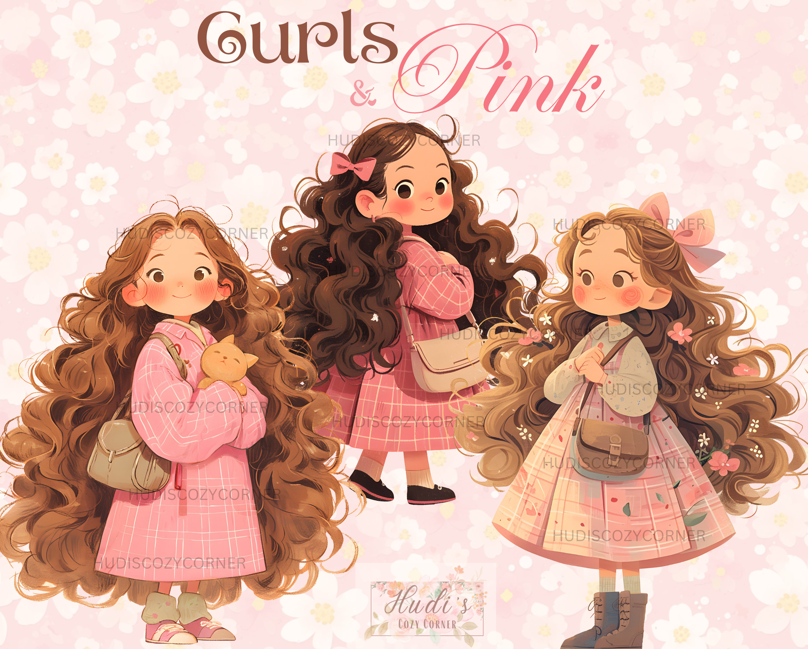 10 Cute Girl in Pink With Curls Clipart Bundle, Watercolor Little Girls ...