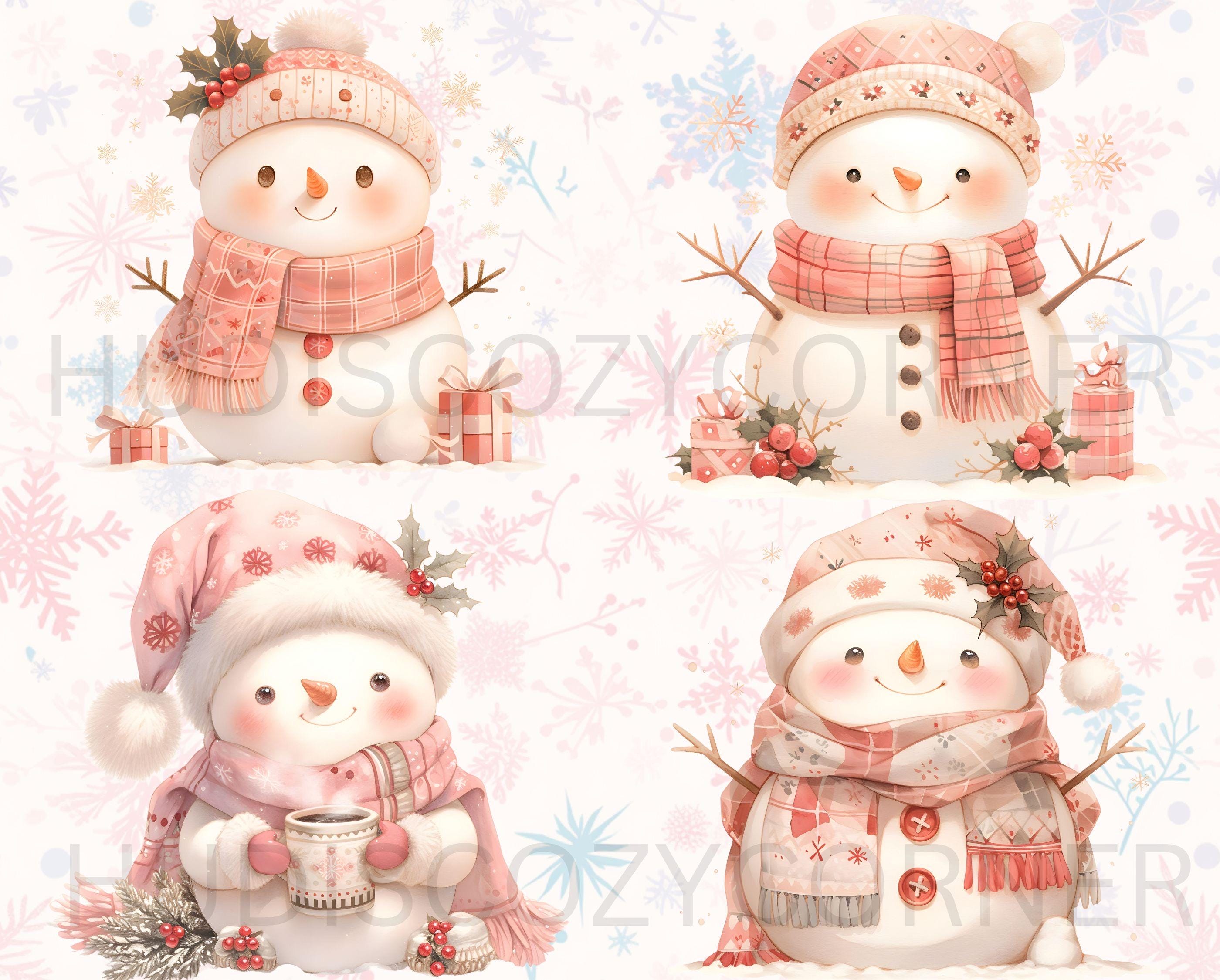 23 Cute Pink Snowman Clipart Bundle, Watercolor Christmas Snowman ...