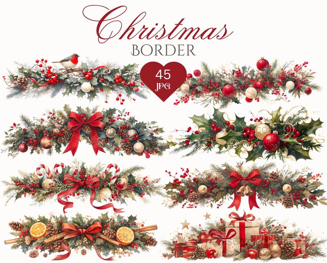 45 Christmas Border Garland Clipart, Watercolor Festive Christmas ...