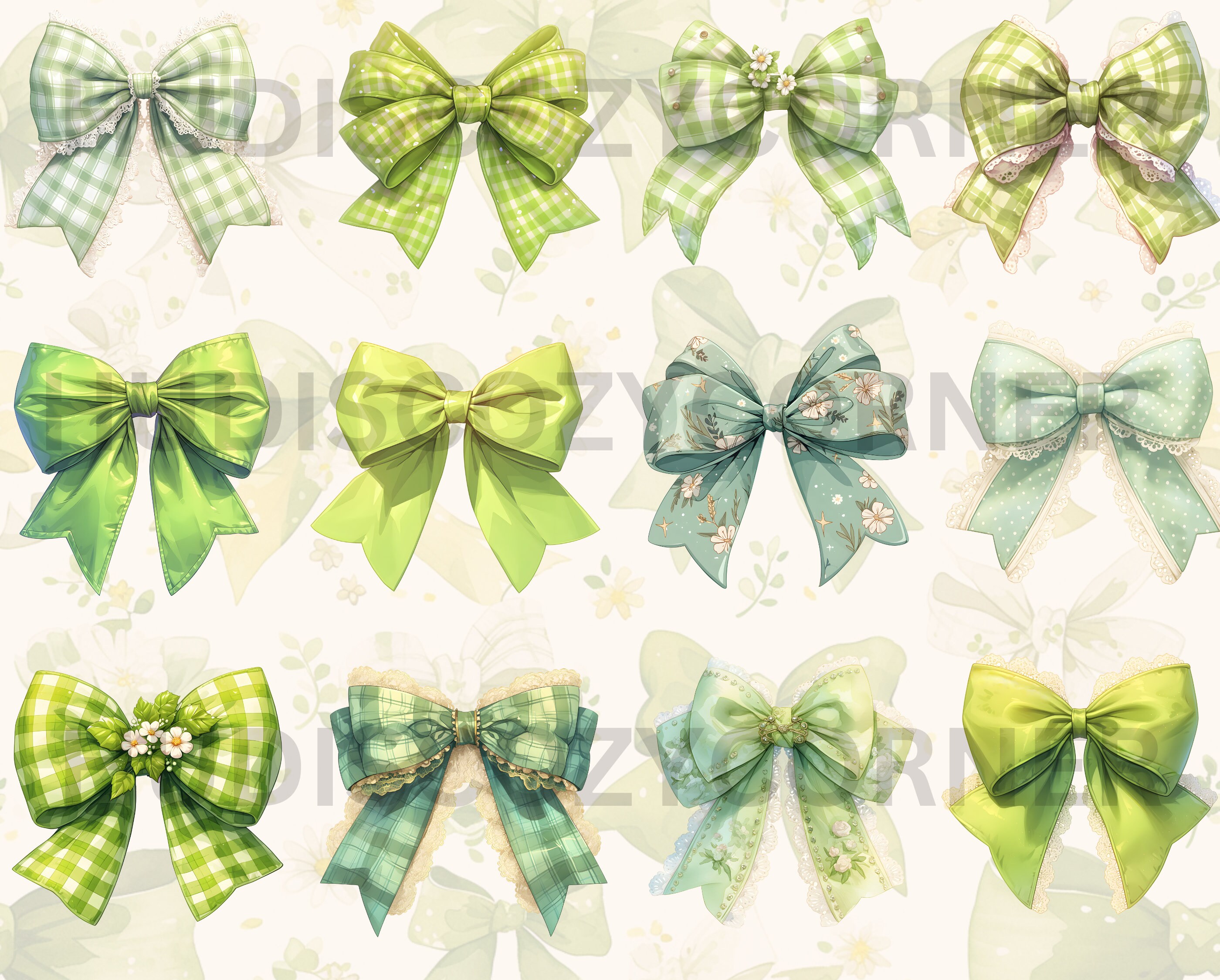 30 Cute Green Gingham Bow Clipart Bundle, Watercolor Green and Emerald ...