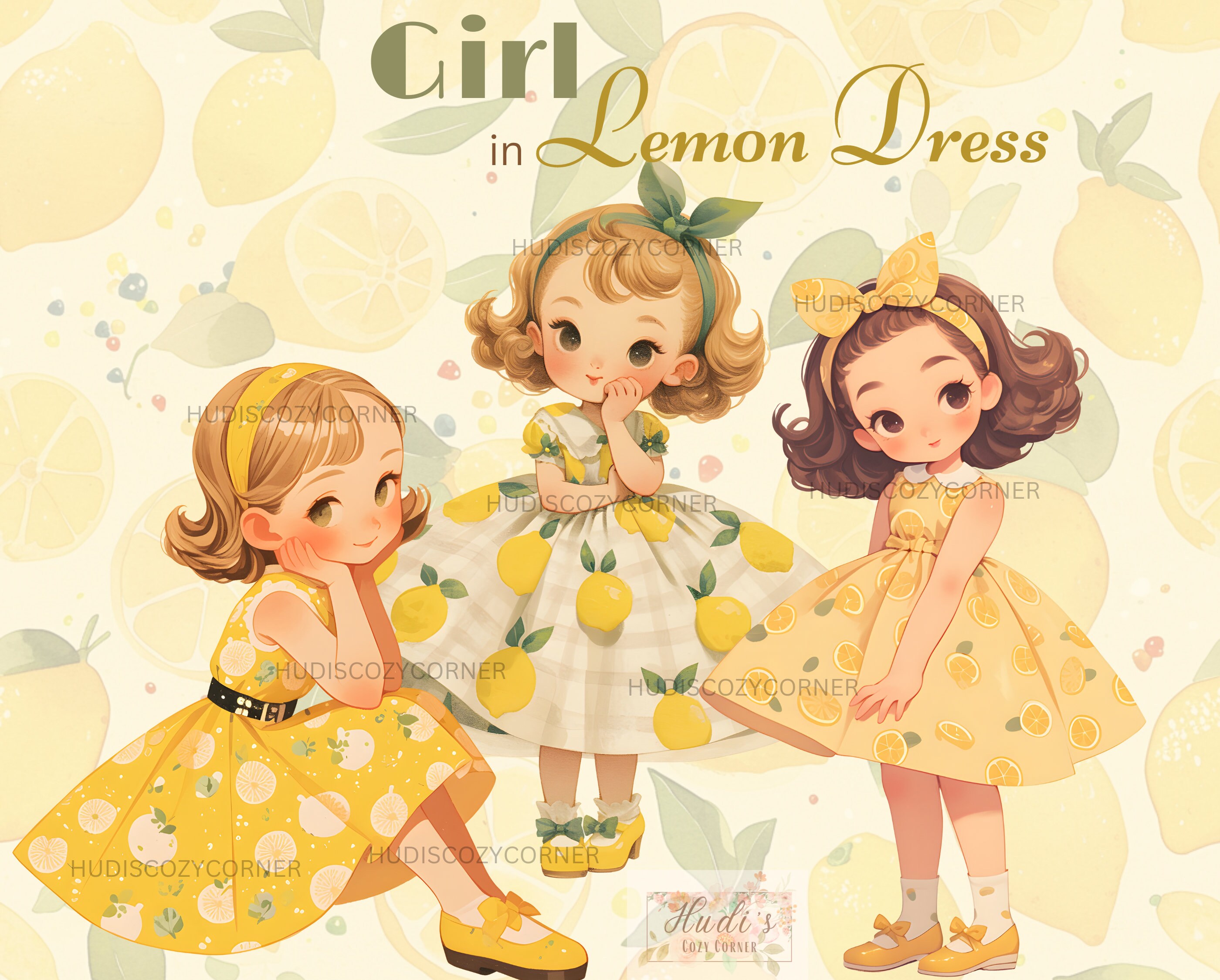8 Girl in Lemon Dress Clipart, Vintage Yellow Dress Girl Bundle ...