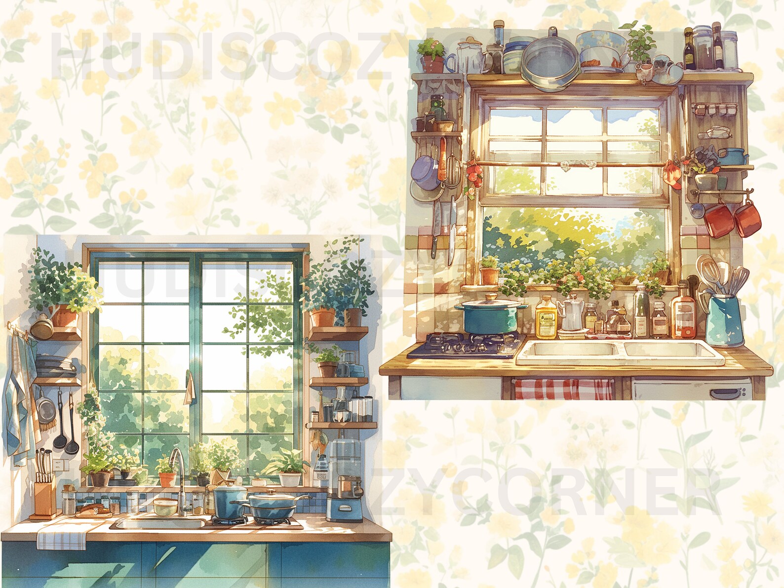 8 Cute & Cozy Kitchen Watercolor Clipart, High Quality PNG, Digital ...