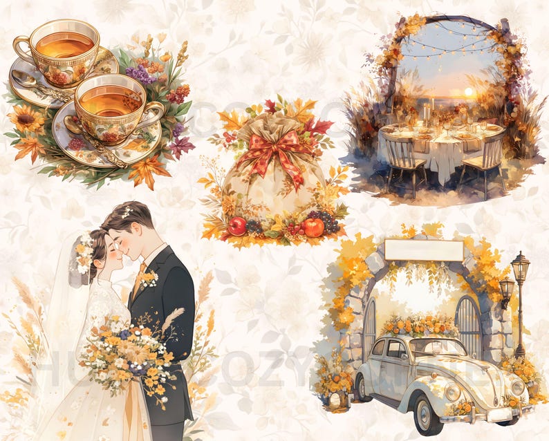 37 Vintage Autumn Wedding Clipart Bundle, Watercolor Bride and Groom ...