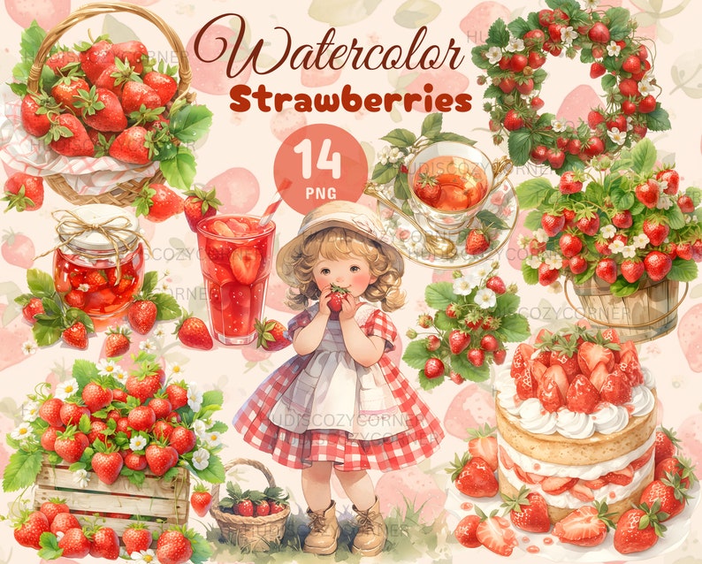 14 Watercolor Strawberry Clipart Bundle, Summer Fruit Graphics, Jam ...