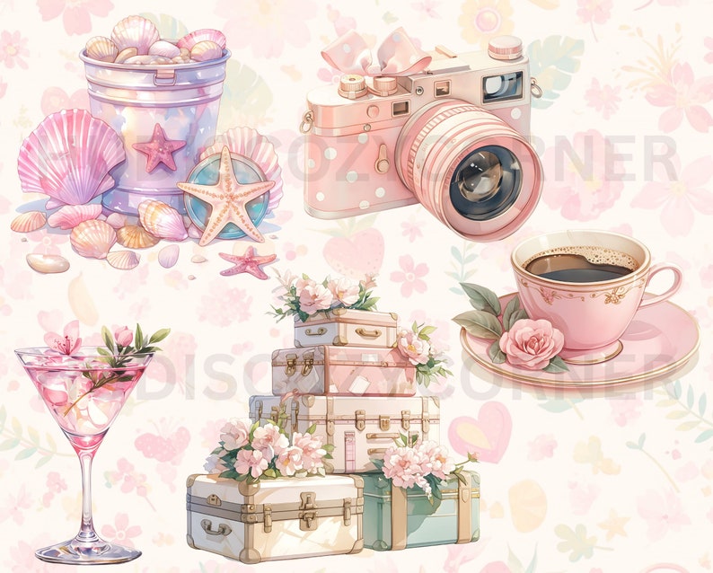 35 Pink Vacation Clipart Bundle, Coquette Aesthetics, Watercolor Soft ...