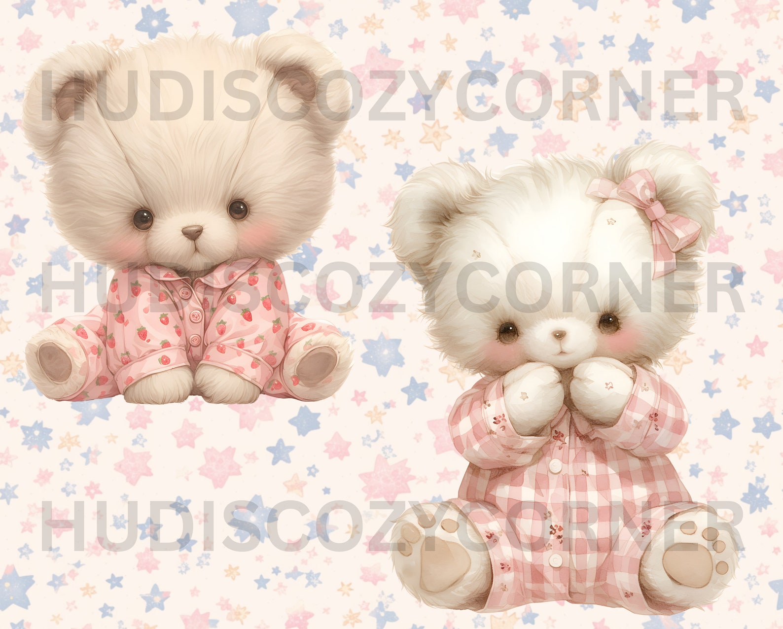 12 Teddy Bear in Pajama Clipart Bundle, Watercolor Baby Teddy in Pink ...