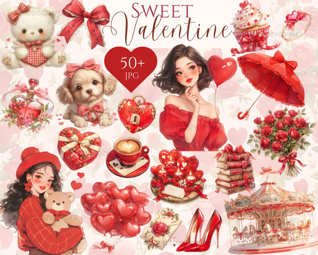 55 Vintage Valentine's Day Clipart Bundle, Printable Soft Romance JPG ...