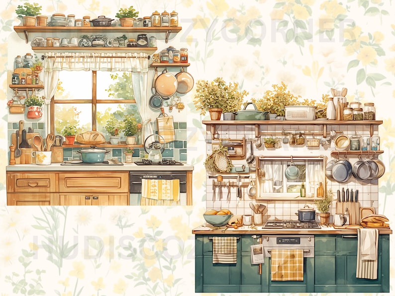 8 Cute & Cozy Kitchen Watercolor Clipart, High Quality PNG, Digital ...