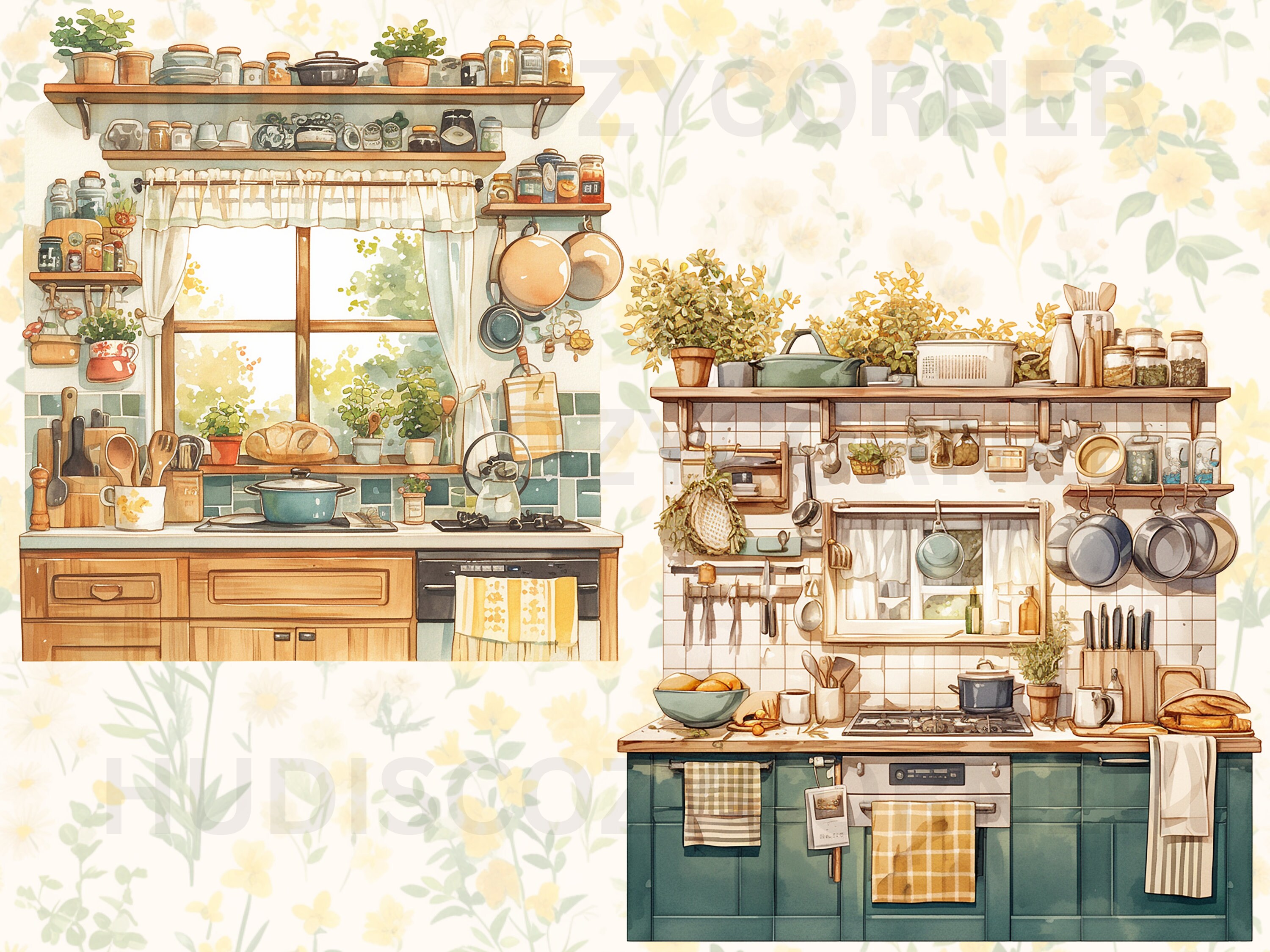 8 Cute & Cozy Kitchen Watercolor Clipart, High Quality PNG, Digital ...