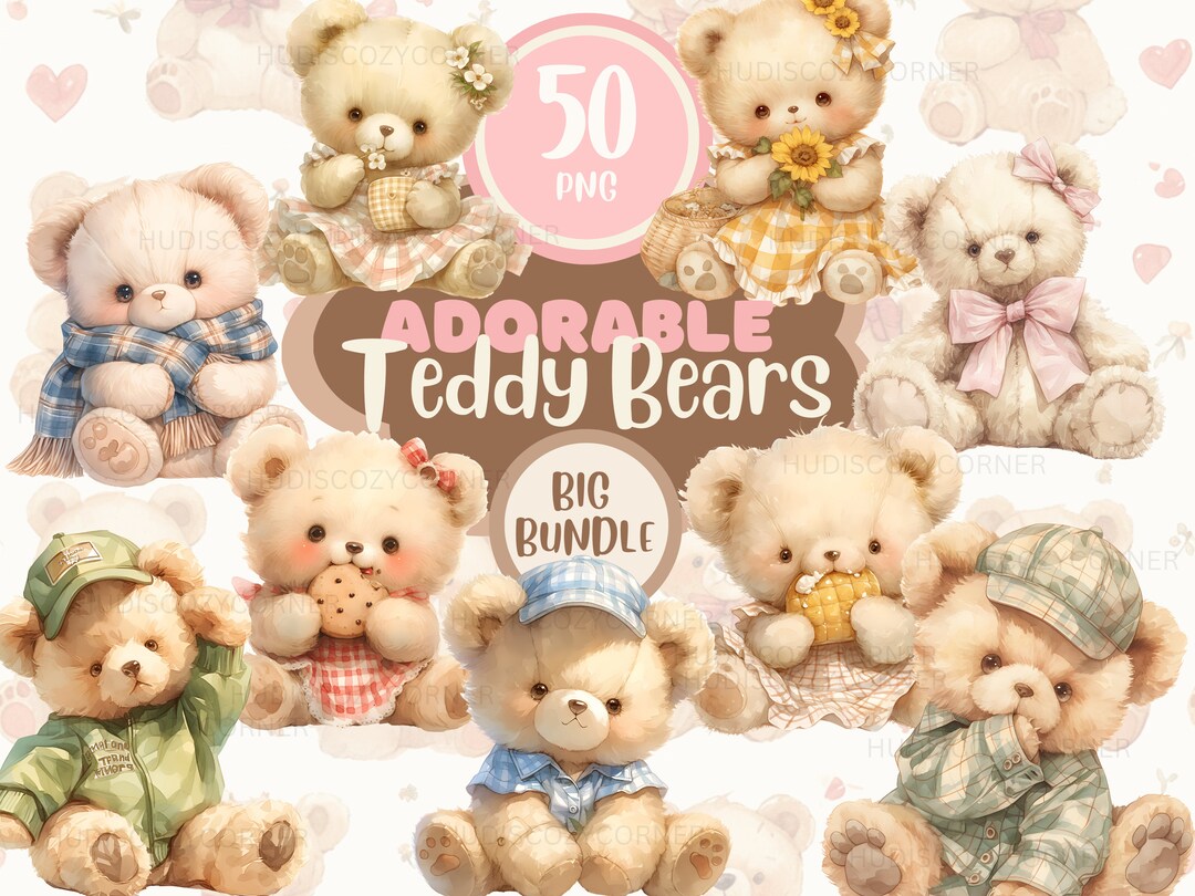 50 Adorable Teddy Bear Clipart Bundle, Baby Bear PNG, Watercolor ...