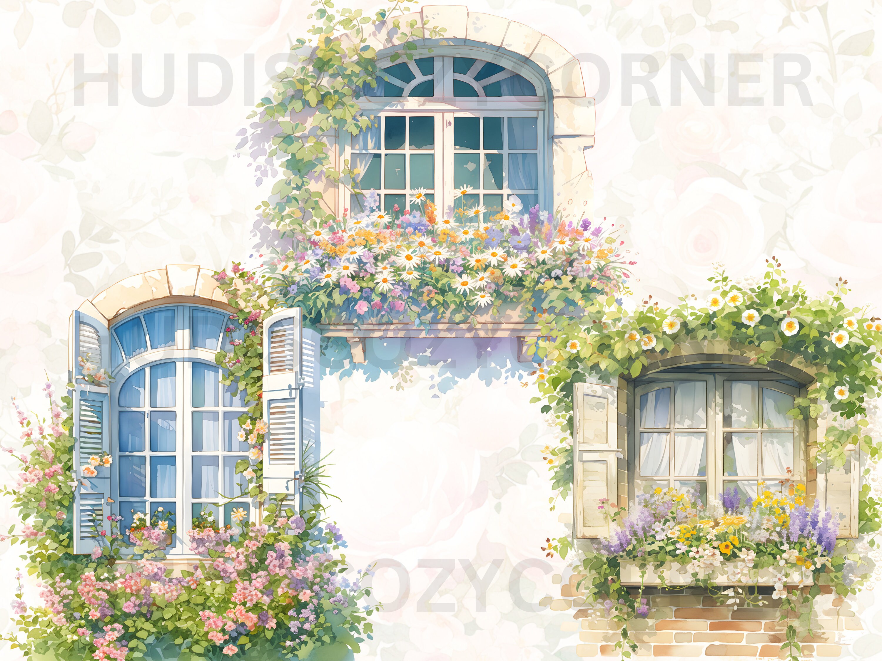 20 Spring Floral Window Clipart, Spring Flower Window View Bundle, Cozy ...