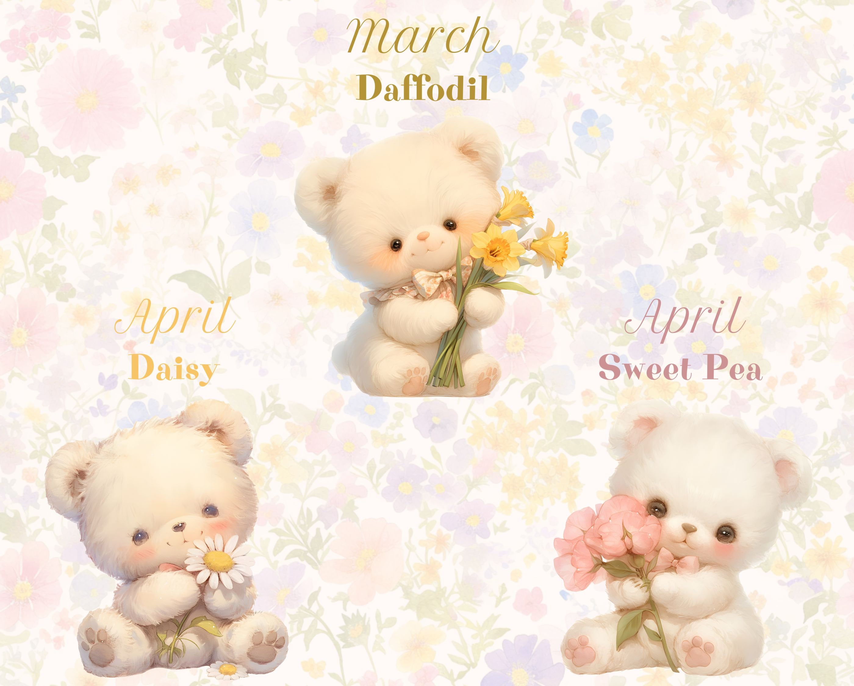 23 Birth Month Flower Teddy Bear Clipart, Watercolor Bears With Flowers ...