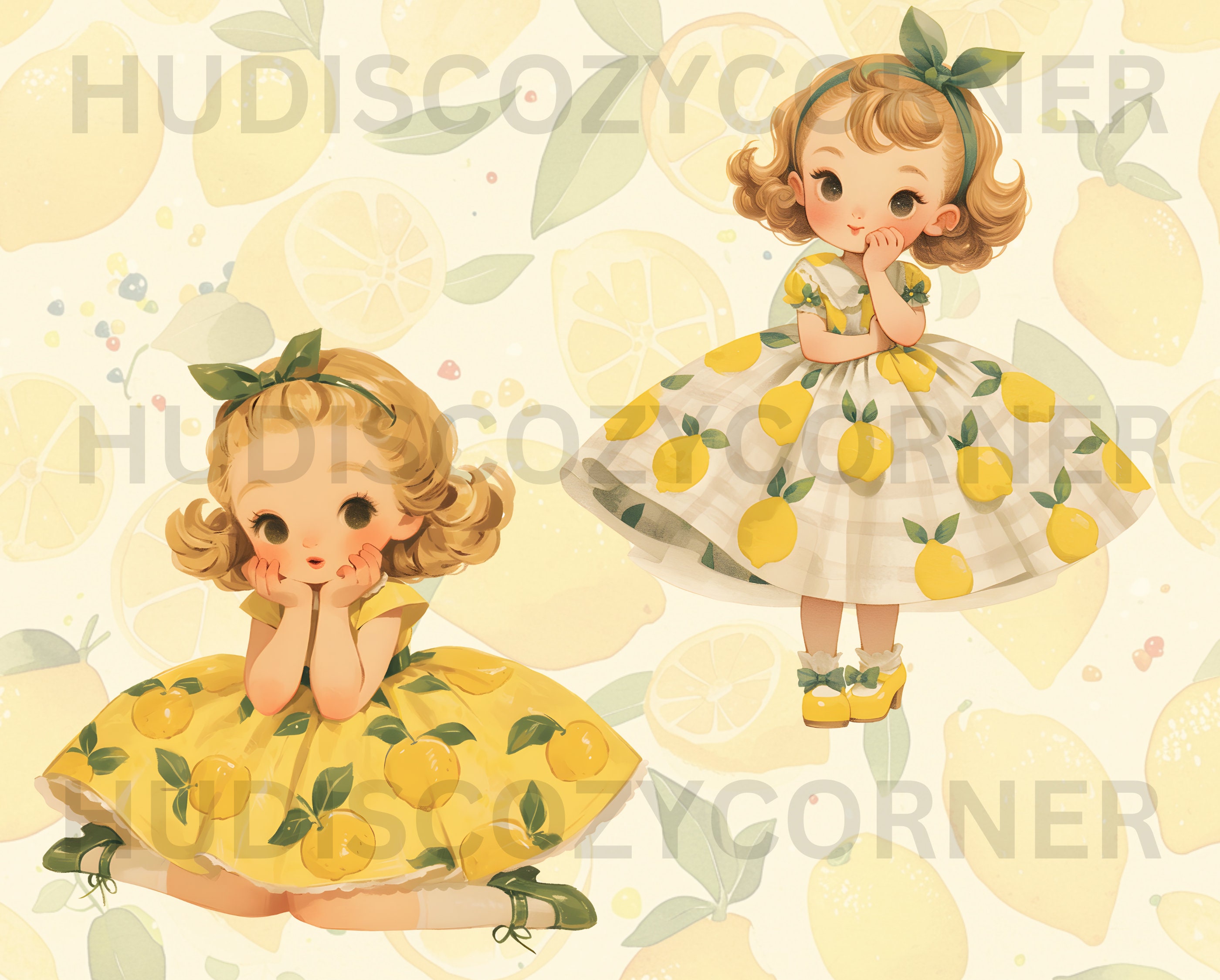 8 Girl in Lemon Dress Clipart, Vintage Yellow Dress Girl Bundle ...