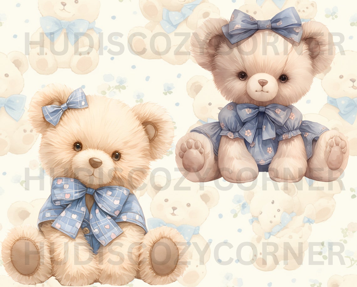 16 Teddy Bear in Denim Clipart Bundle, Watercolor Vintage Teddies ...