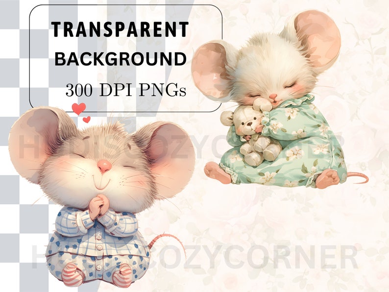 8 Cute Mouse in Pajama Clipart, Watercolor Mice in Pajamas Bundle, PNG ...