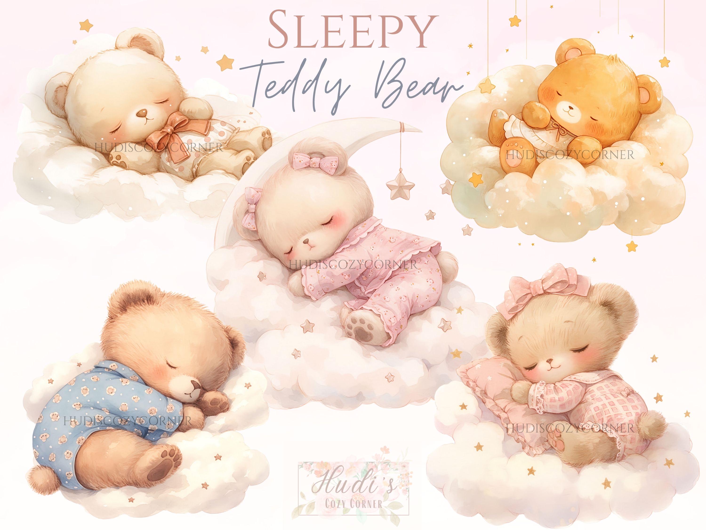 25 Cute Sleeping Teddy Bear on Cloud Clipart Bundle, Watercolor Sleepy ...