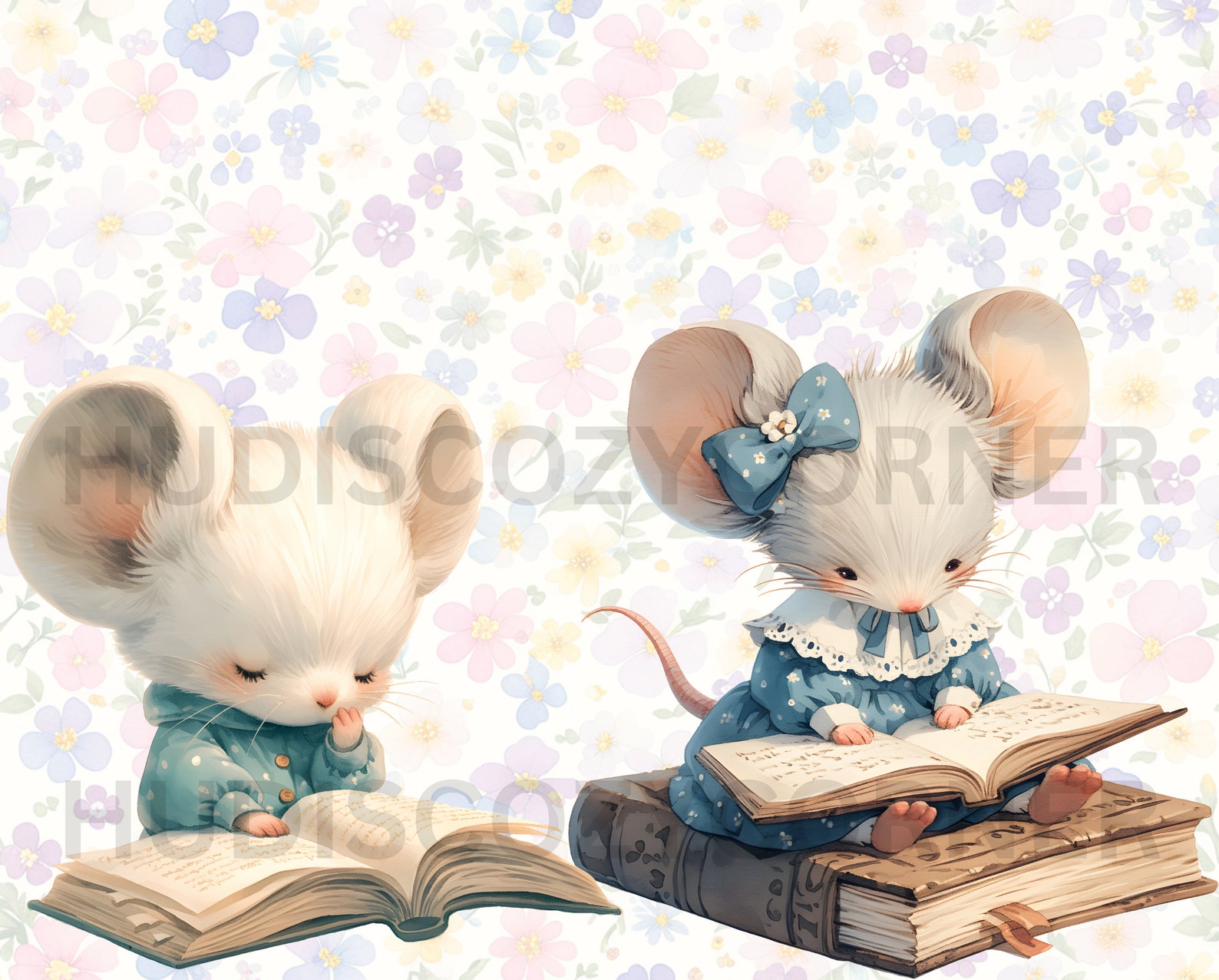 12 Cute Reading Mouse Clipart, Watercolor Cartoon Book Lover Mice ...