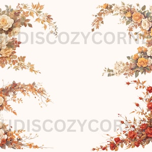 26 Autumn Rose Floral Border Clipart, Soft Watercolor Fall Rose Flower ...