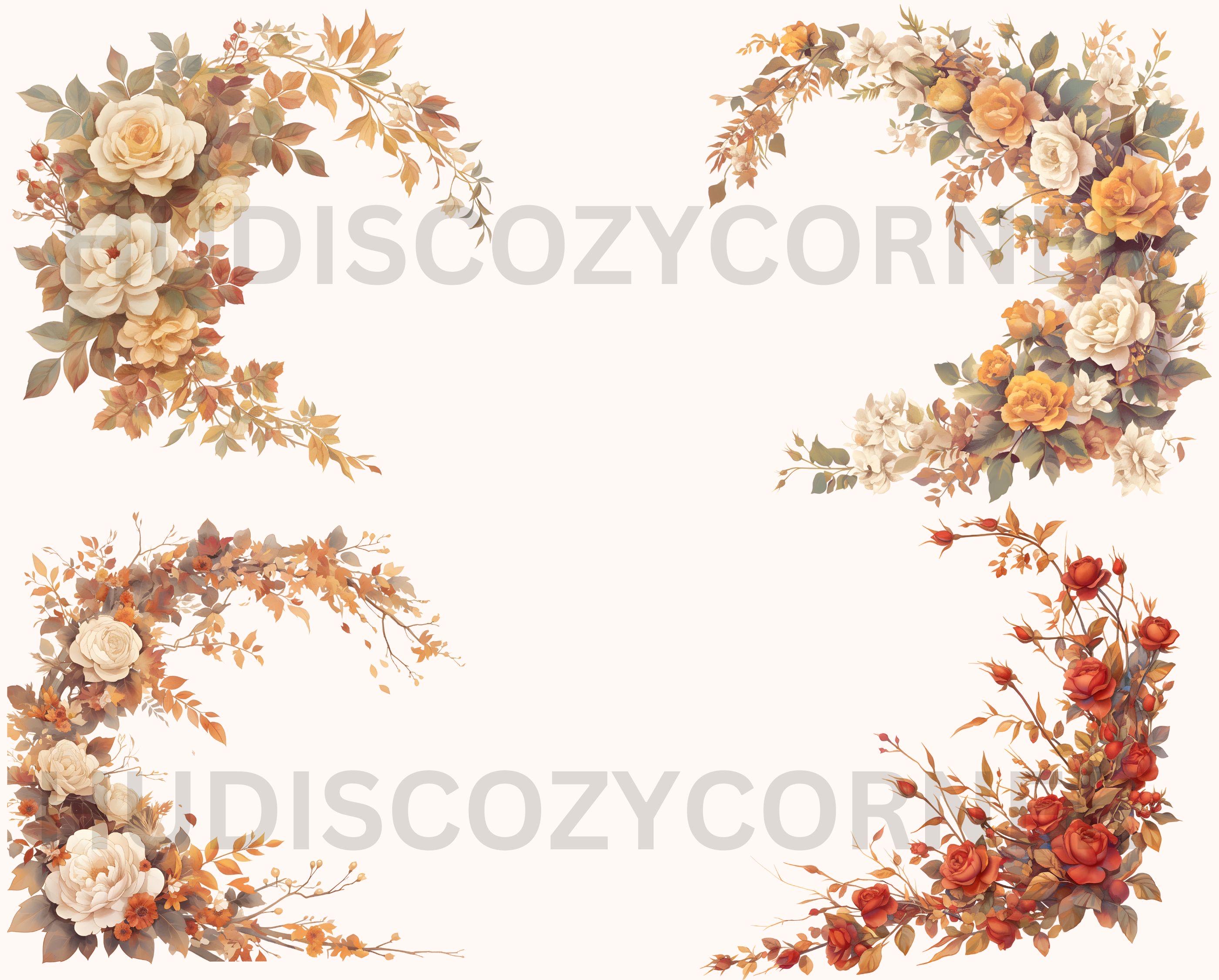 26 Autumn Rose Floral Border Clipart, Soft Watercolor Fall Rose Flower ...