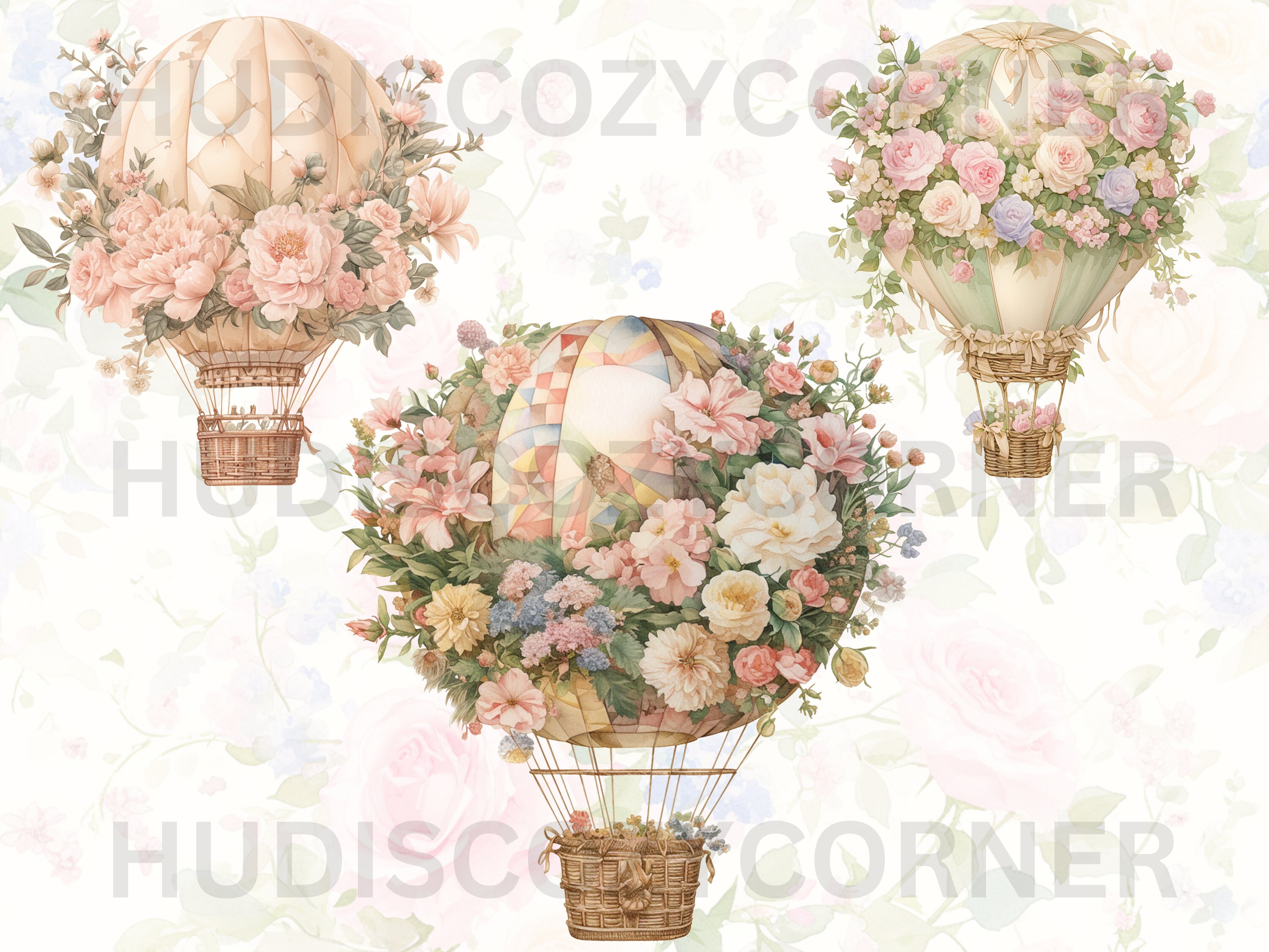 15 Vintage Hot Air Balloon Clipart Bundle, Floral Watercolor Nursery ...