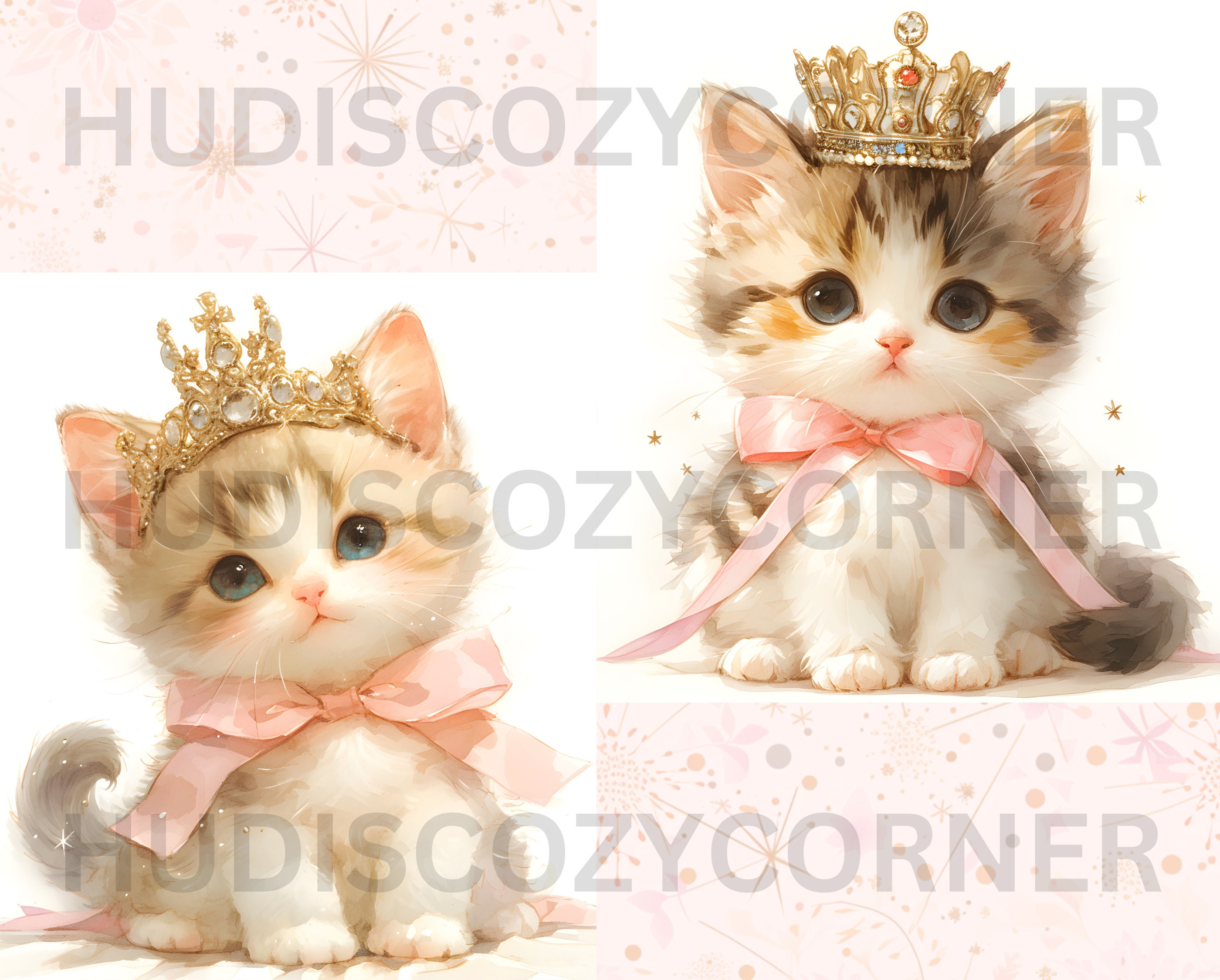 9 Cute Tiara Kitten Clipart Bundle, Watercolor Royal Baby Kittens With ...
