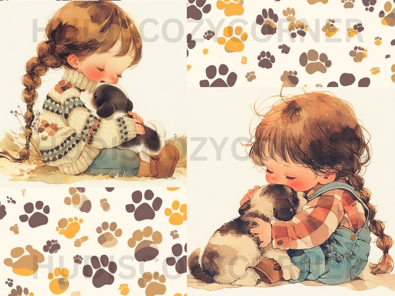 11 Cute Girl With Puppy Clipart, Watercolor Vintage Friendship Bundle ...
