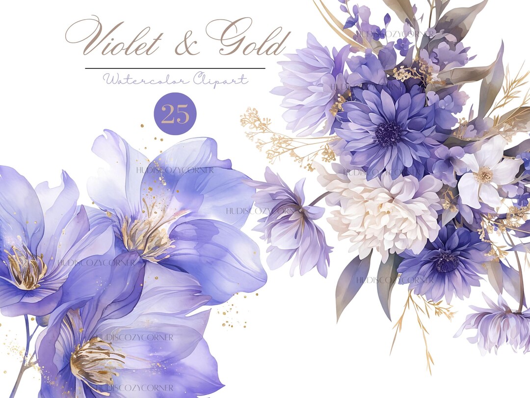 25 Violet and Gold Floral Bouquet Clipart, Soft Watercolor Purple ...