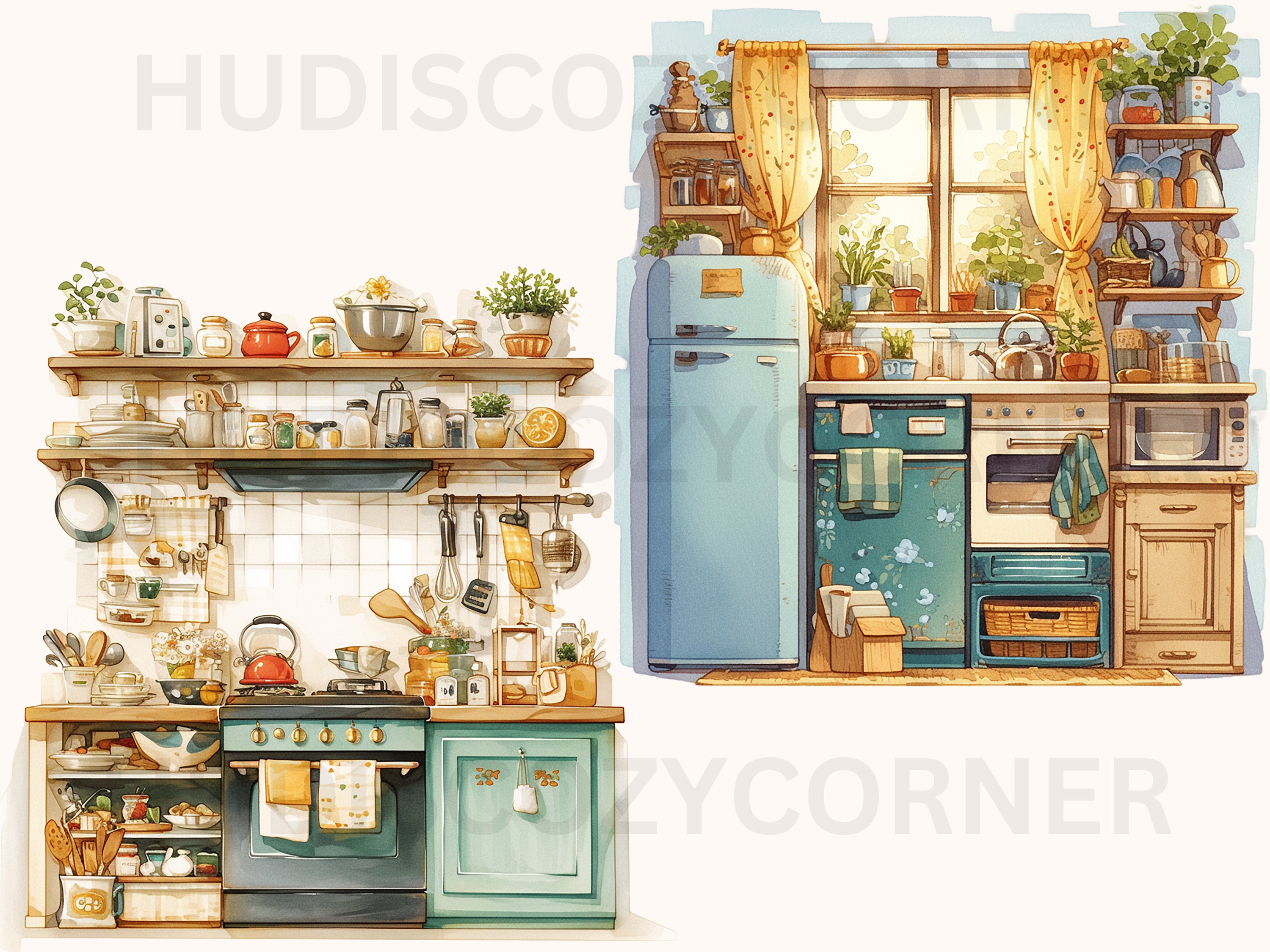 8 Cute & Cozy Kitchen Watercolor Clipart, High Quality PNG, Digital ...