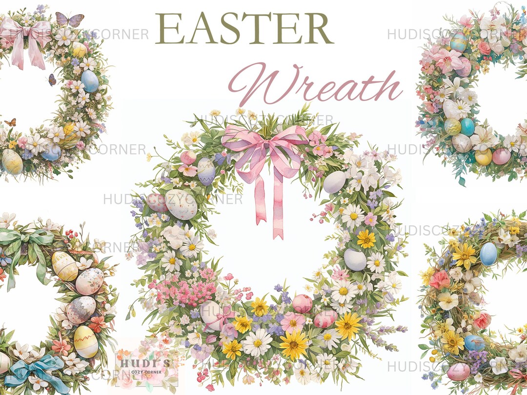 8 Easter Wreath Clipart, Watercolor Easter Egg Floral Spring Wreaths ...