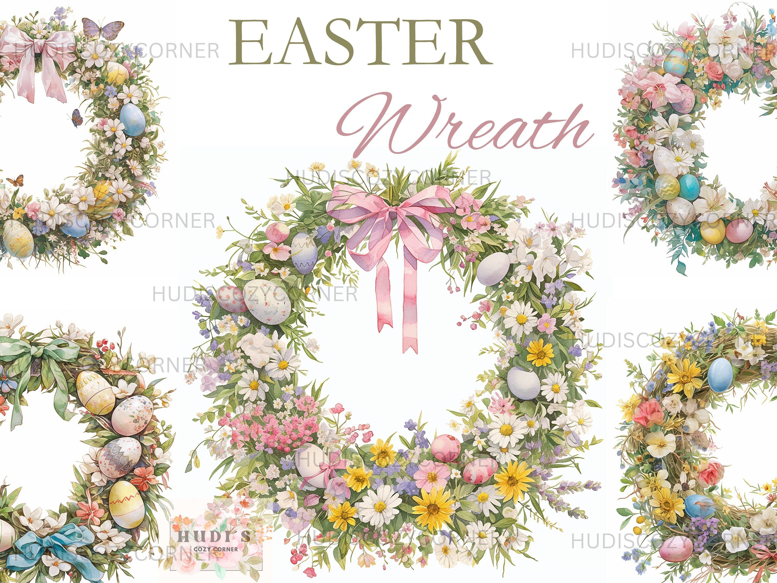 8 Easter Wreath Clipart, Watercolor Easter Egg Floral Spring Wreaths ...