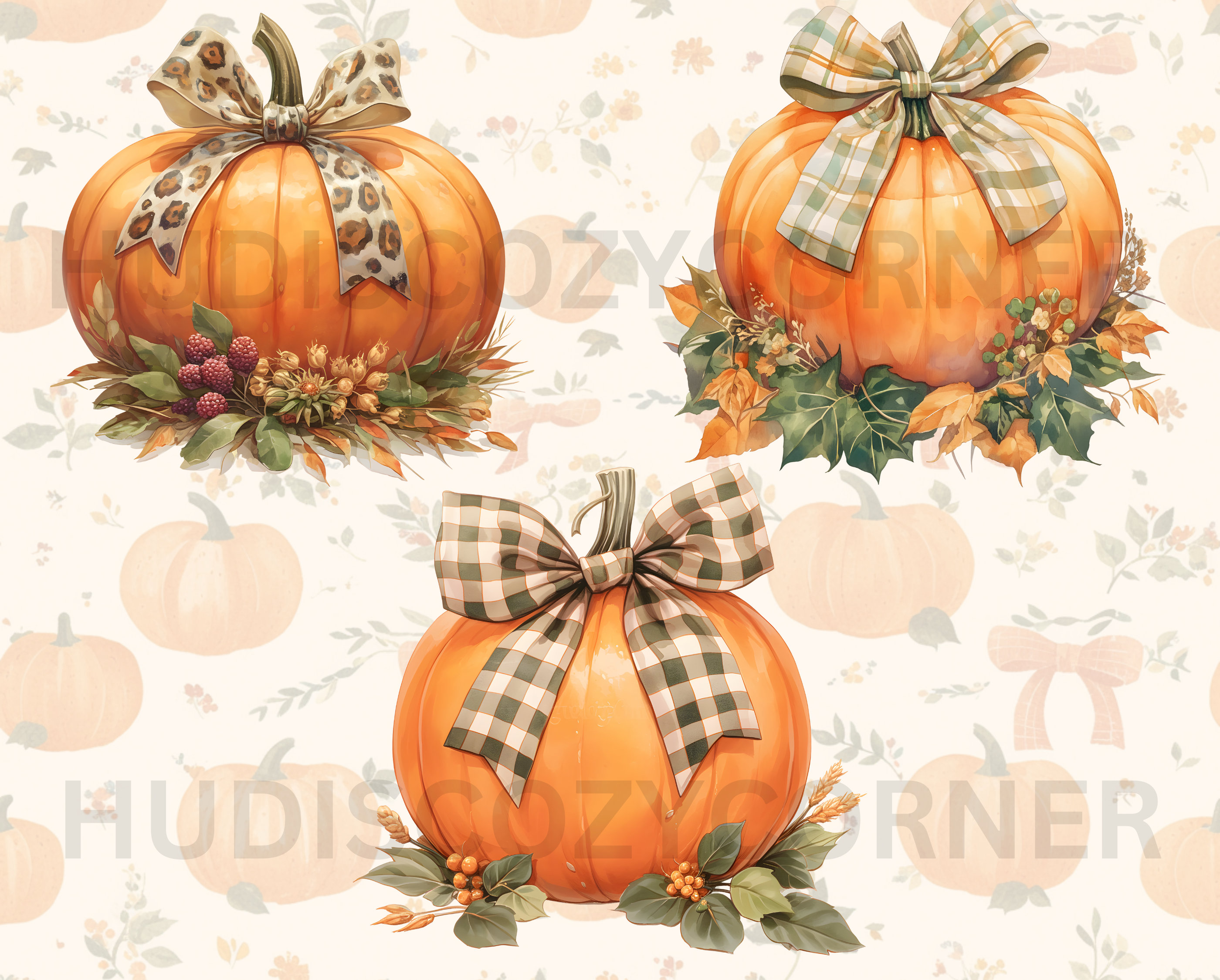 16 Fall Pumpkin With Bow Clipart Bundle, Watercolor Cozy Autumn ...