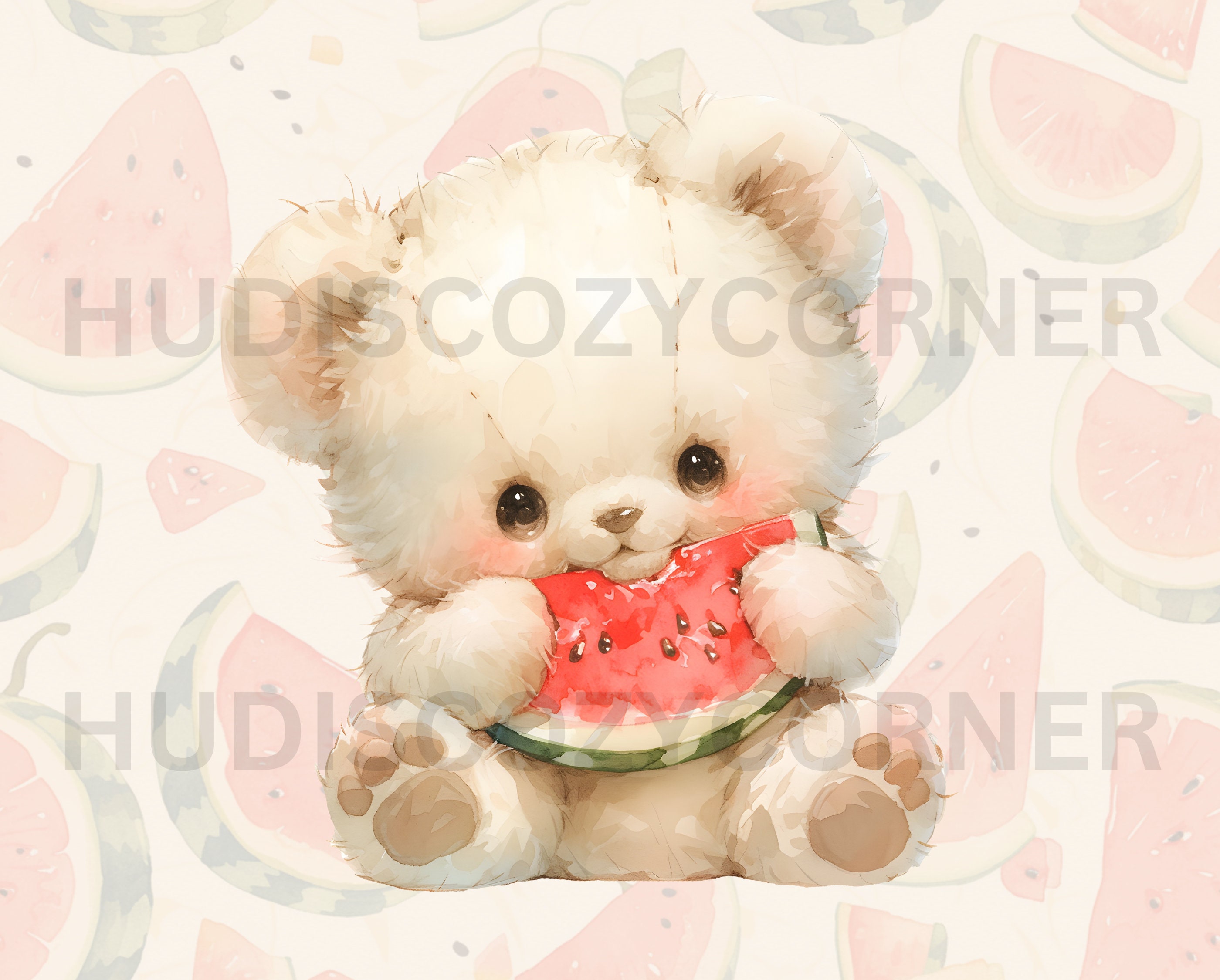 11 Watermelon Teddy Bear Clipart Bundle, Watercolor Summer Fruit ...