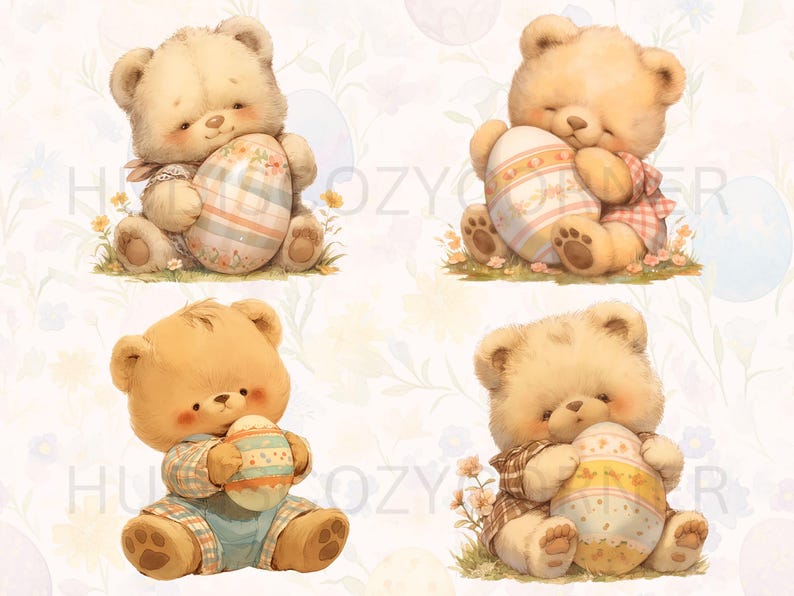 23 Cute Teddy Bear With Easter Egg Clipart, Watercolor Pastel Spring ...