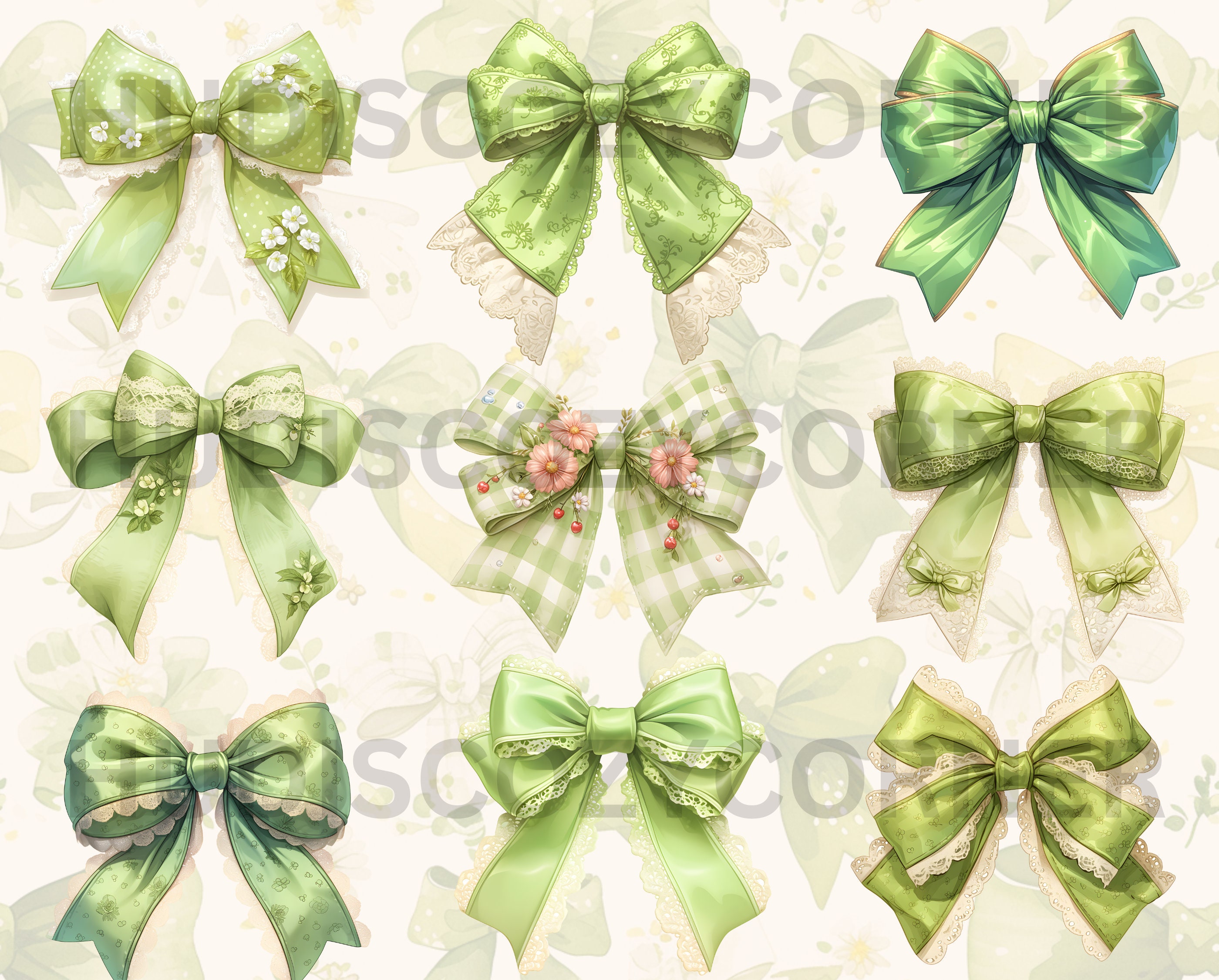30 Cute Green Gingham Bow Clipart Bundle, Watercolor Green and Emerald ...