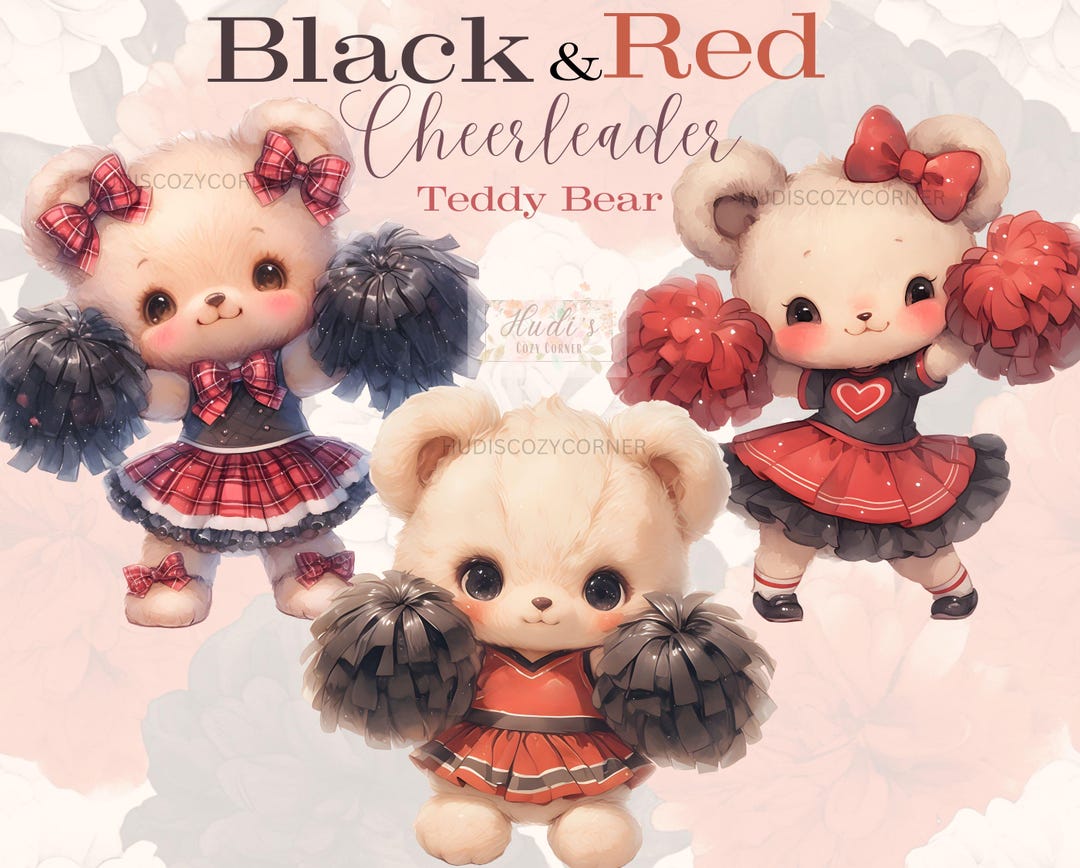 12 Cheerleader Teddy Bear Clipart, Watercolor Black and Red Cheer Pom ...