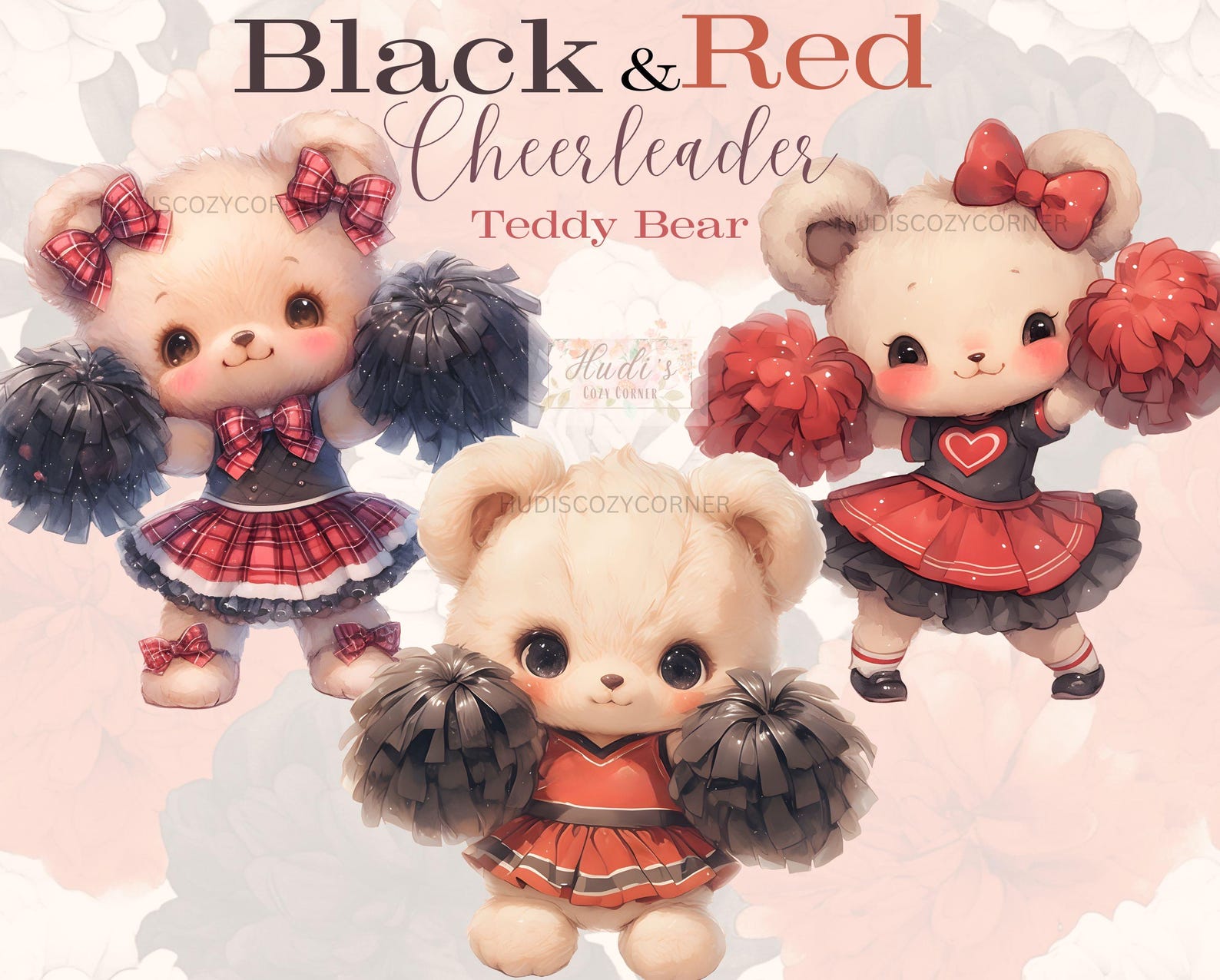 12 Cheerleader Teddy Bear Clipart, Watercolor Black and Red Cheer Pom ...
