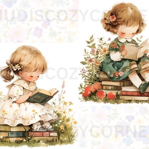 9 Vintage Reading Toddlers Clipart Bundle, Watercolor Spring Kids ...