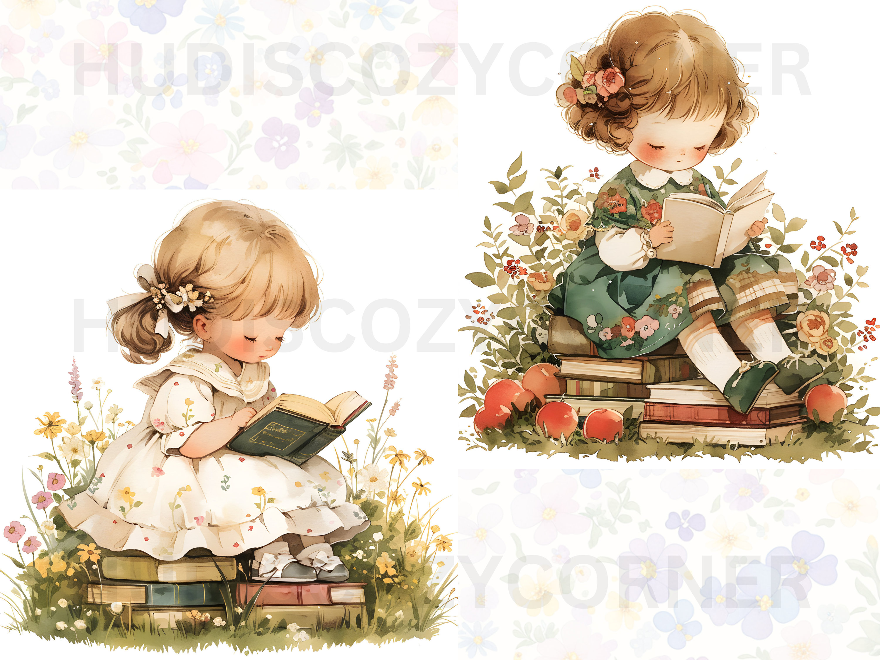 9 Vintage Reading Toddlers Clipart Bundle, Watercolor Spring Kids ...