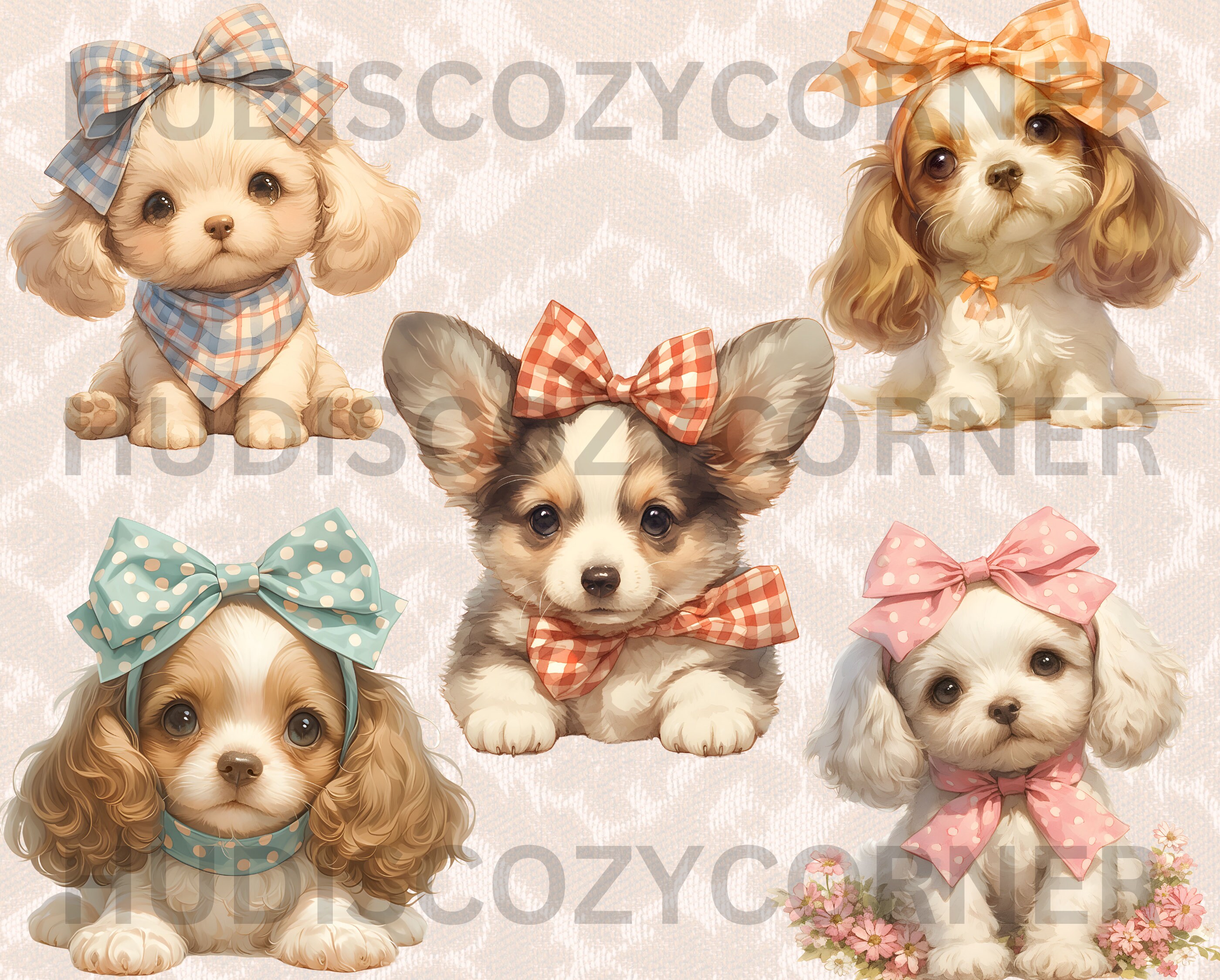 36 Cute Puppy With Bow Clipart Bundle, Watercolor Vintage Puppies ...