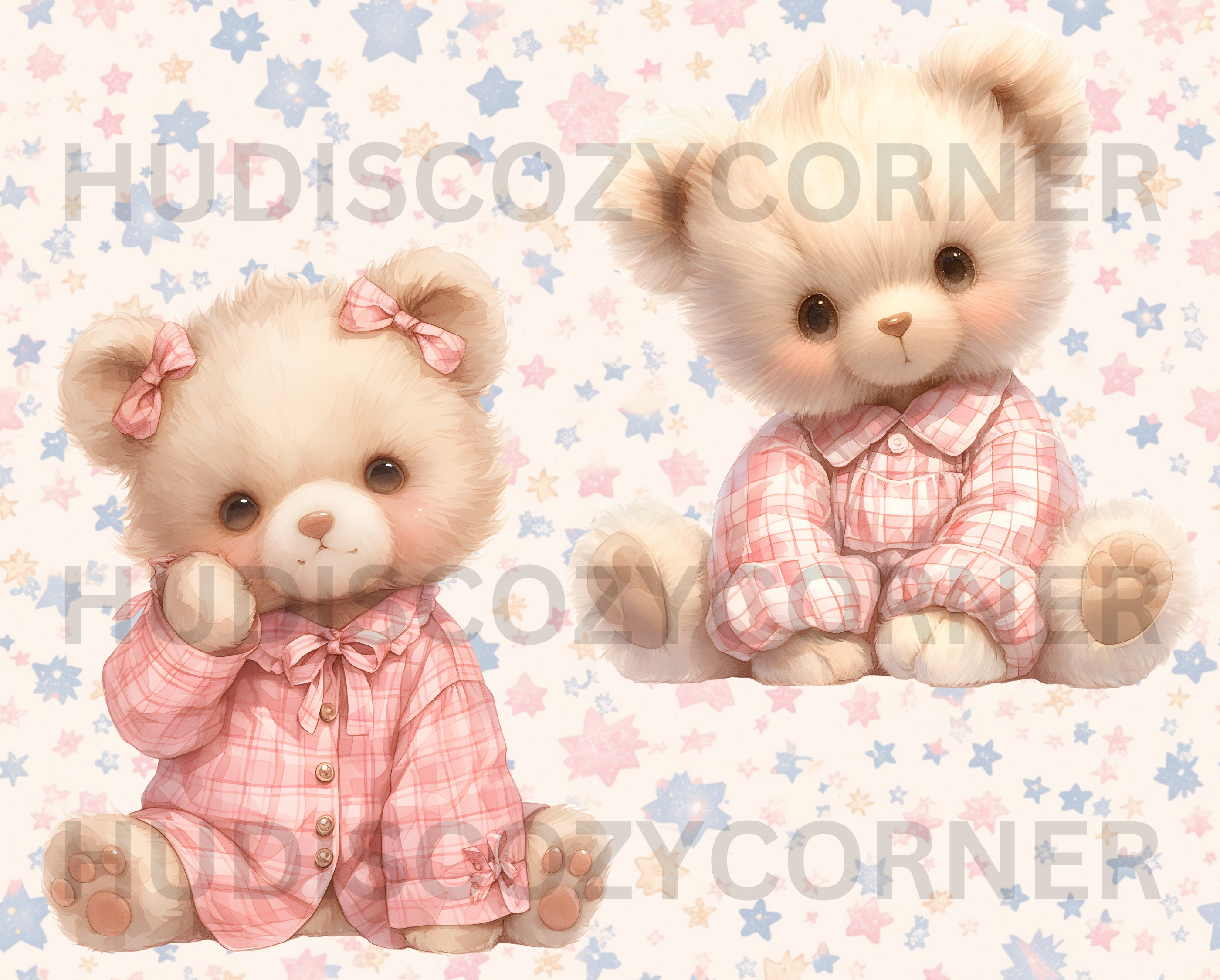 12 Teddy Bear in Pajama Clipart Bundle, Watercolor Baby Teddy in Pink ...