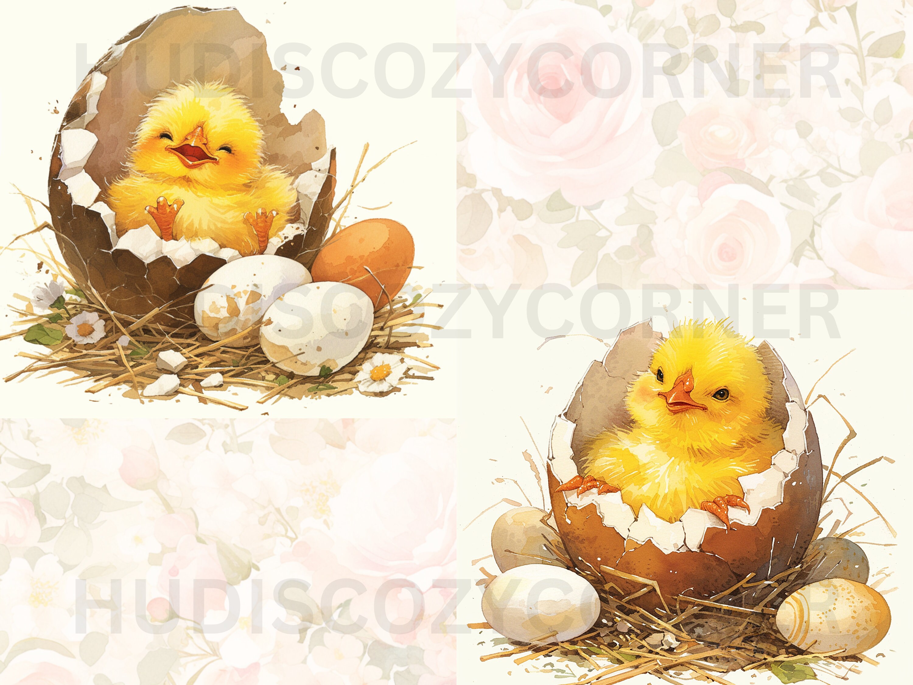9 Fluffy Easter Hatching Chick Clipart, Spring Flowers and Eggs ...