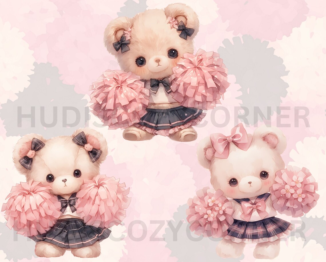15 Cheerleader Teddy Bear Clipart, Watercolor Black and Pink Cheer Pom ...