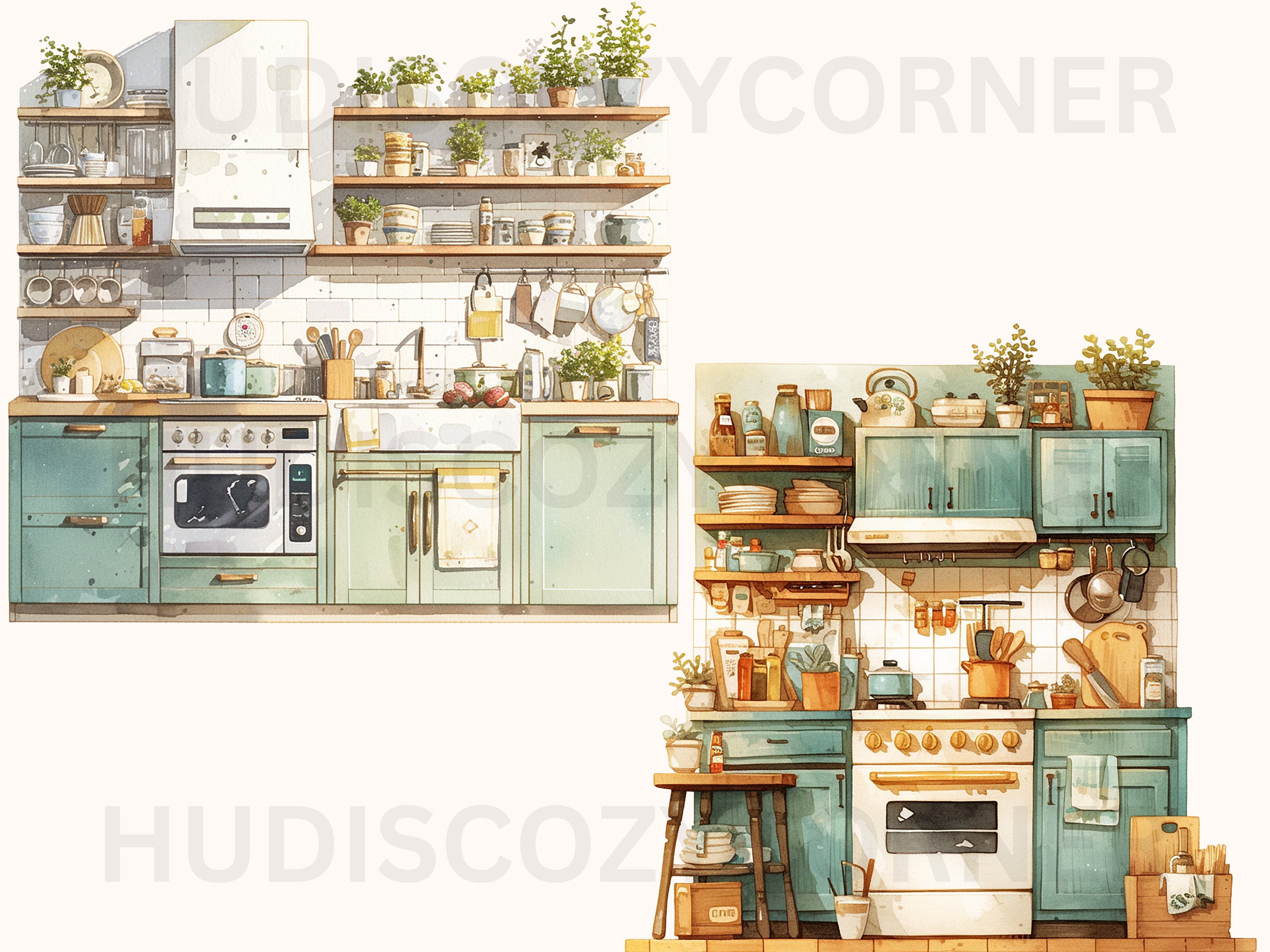 8 Cute & Cozy Kitchen Watercolor Clipart, High Quality PNG, Digital ...