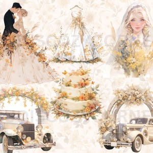 37 Vintage Autumn Wedding Clipart Bundle, Watercolor Bride and Groom ...