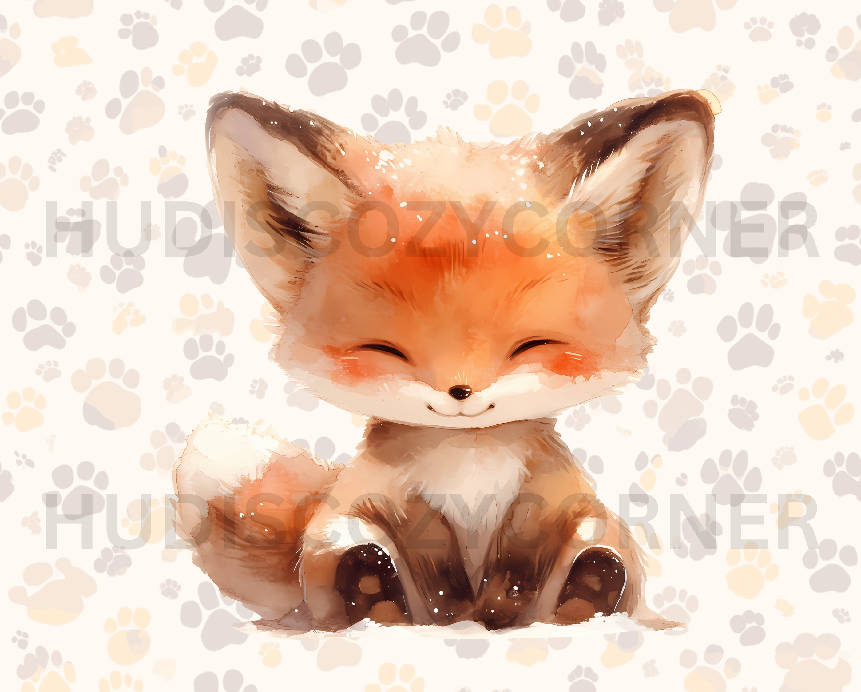 5 Cute Fluffy Baby Fox Clipart Bundle, Watercolor Woodland Nursery Art ...